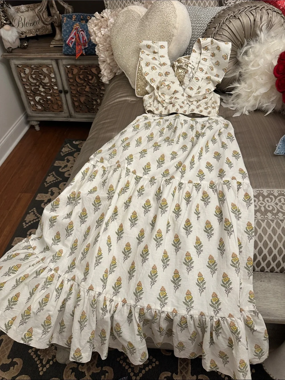 Jopna | Dresses | Womens Cream Floral Ruffle Two Piece Maxi Top And ...